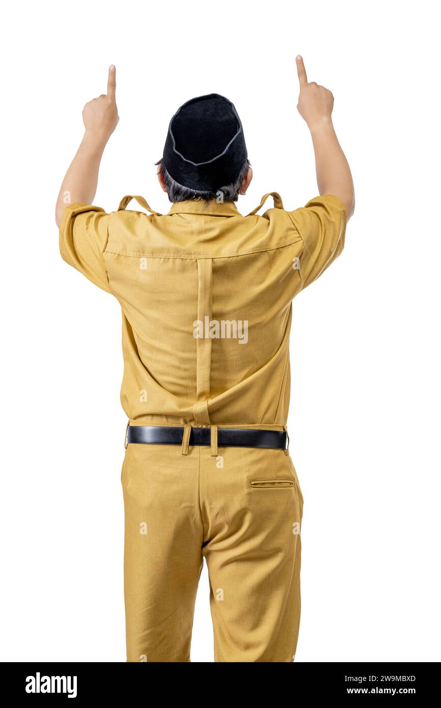 Rear view of a civil servant man pointing something isolated over a ...