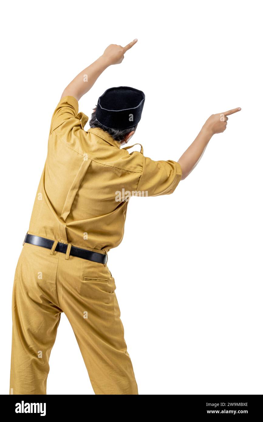 Rear view of a civil servant man pointing something isolated over a ...