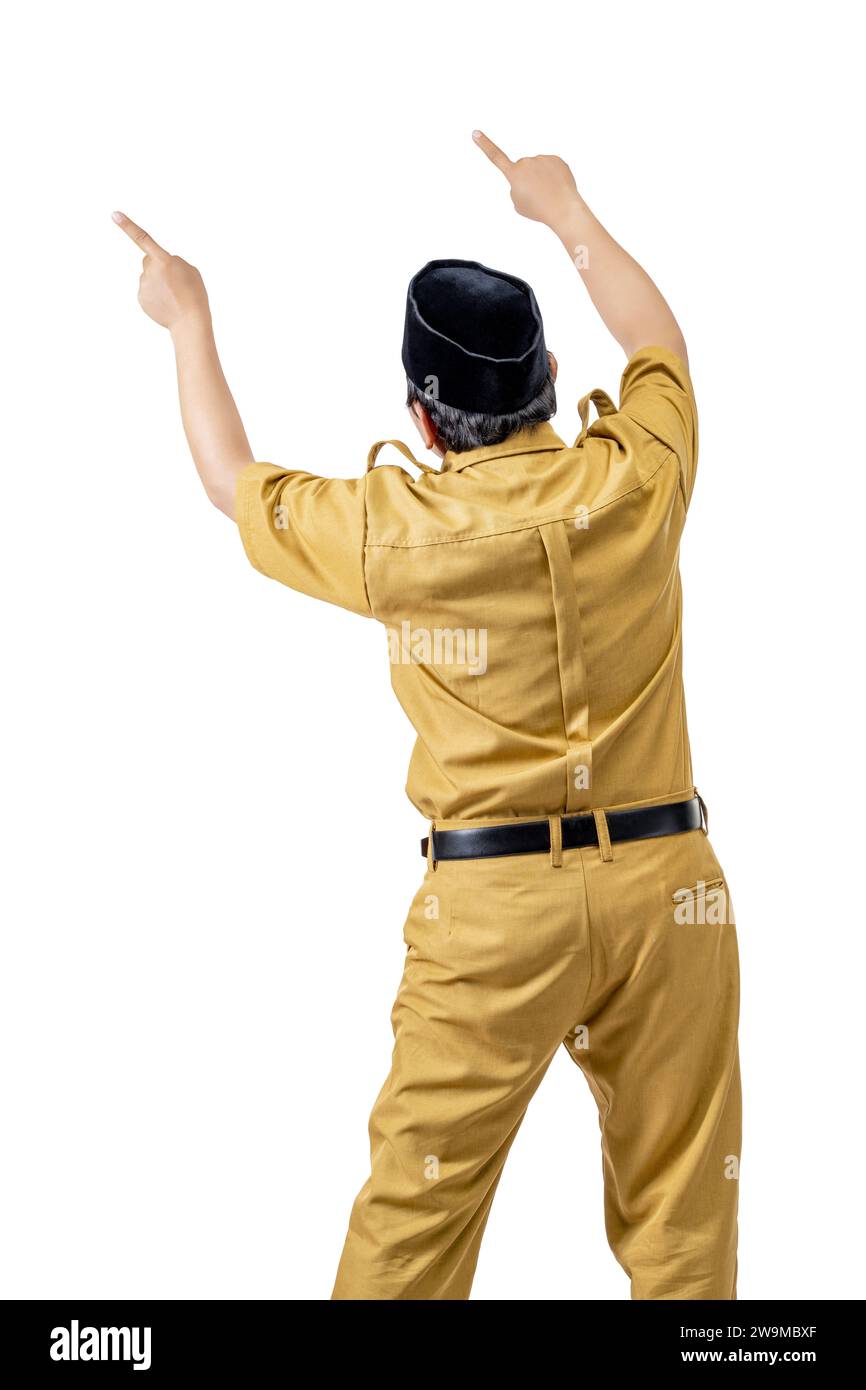 Rear view of a civil servant man pointing something isolated over a ...