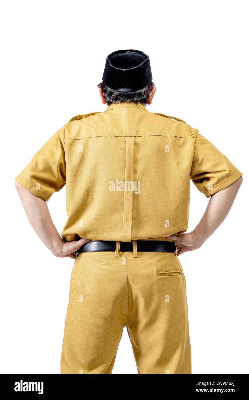 Rear view of a civil servant man standing isolated over a white ...