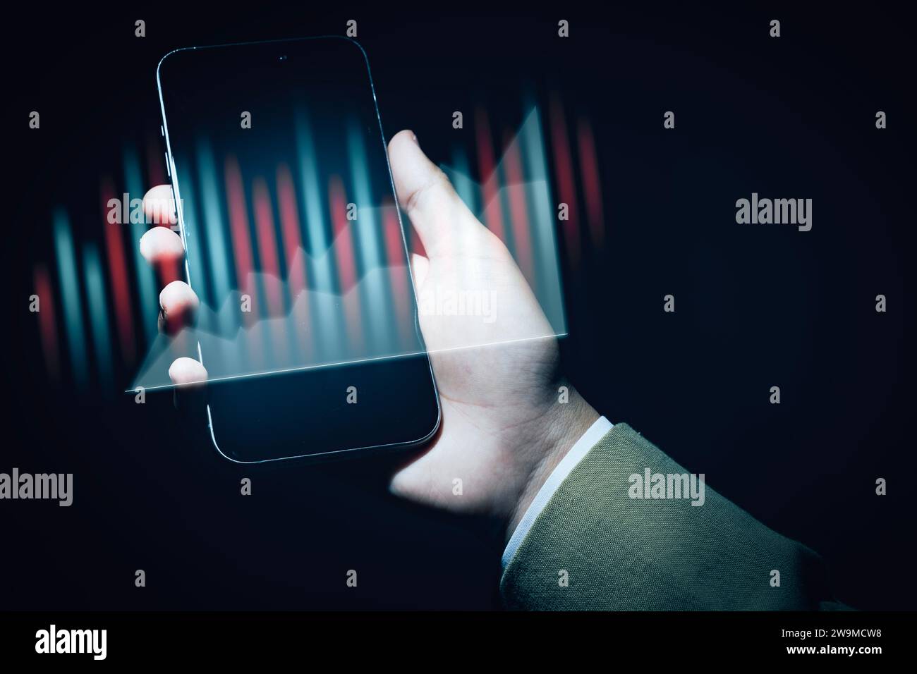Businessmen showing mobile phones with a screen of the stock market ...