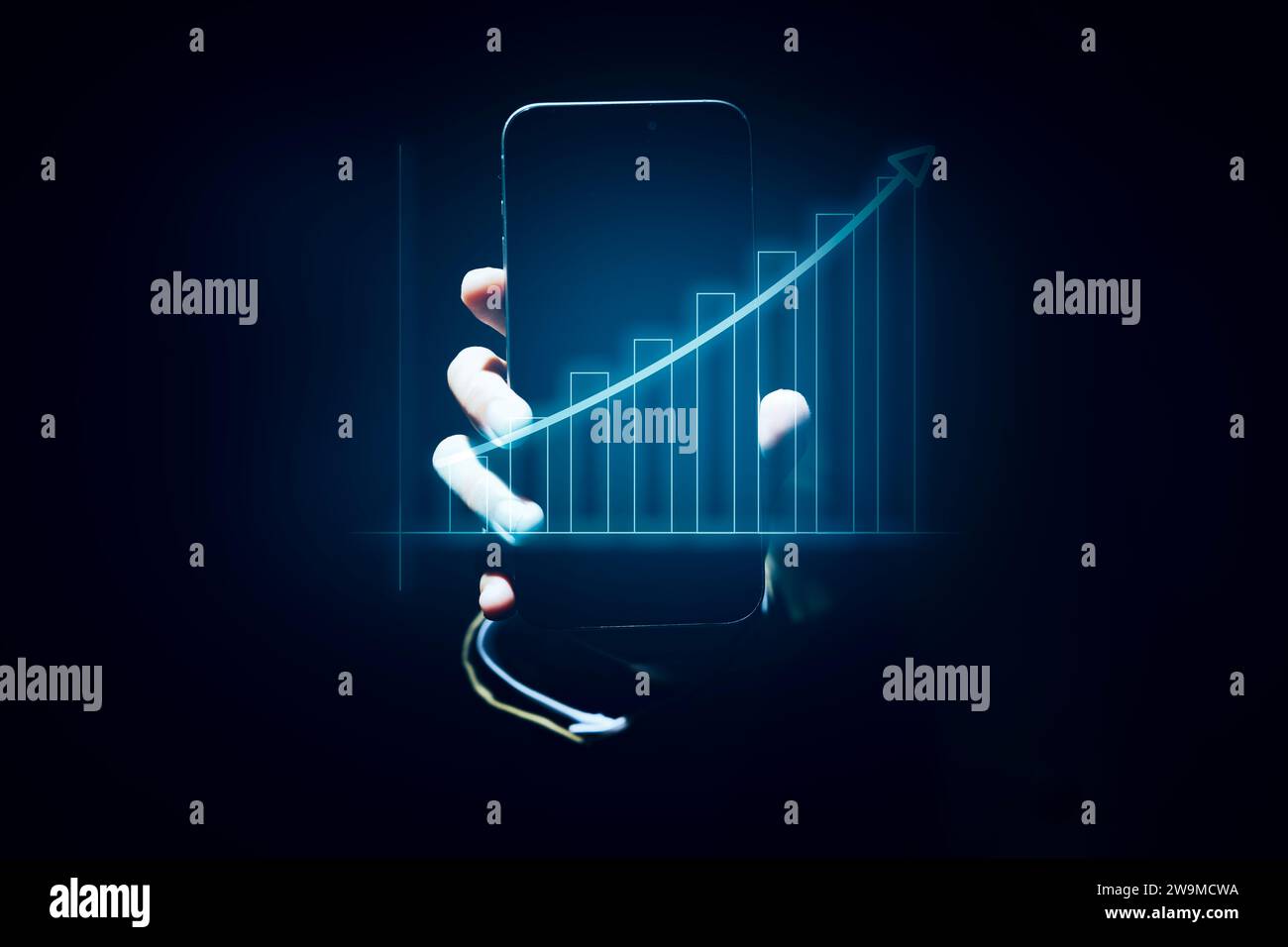 Businessmen showing mobile phones with a screen of the stock market ...