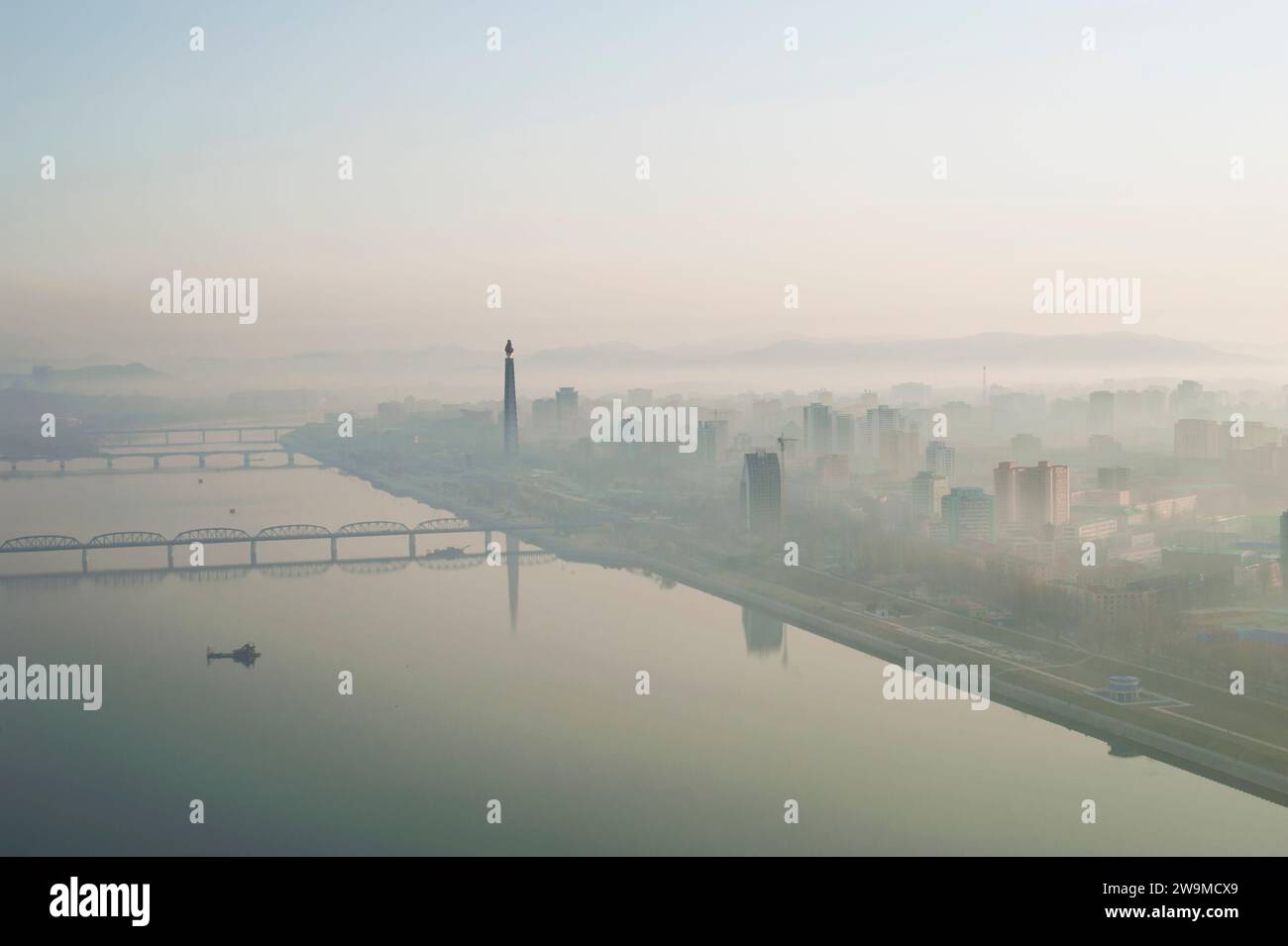 The view of the Taedong River and Juche Tower in Pyongyang in North ...