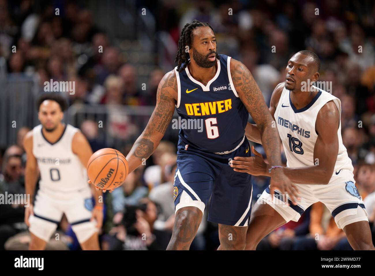 Denver Nuggets center DeAndre Jordan (6) looks to pass the ball as ...