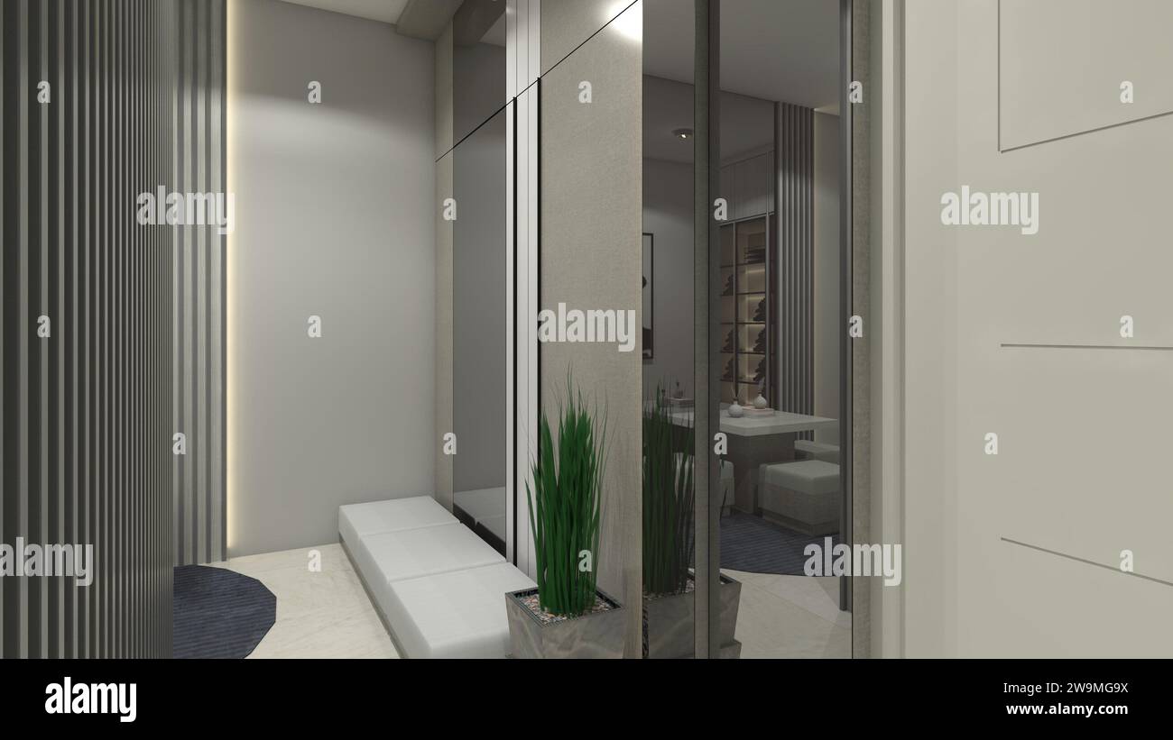 Corridor Interior Design with Minimalist Cushion Bench Stock Photo - Alamy