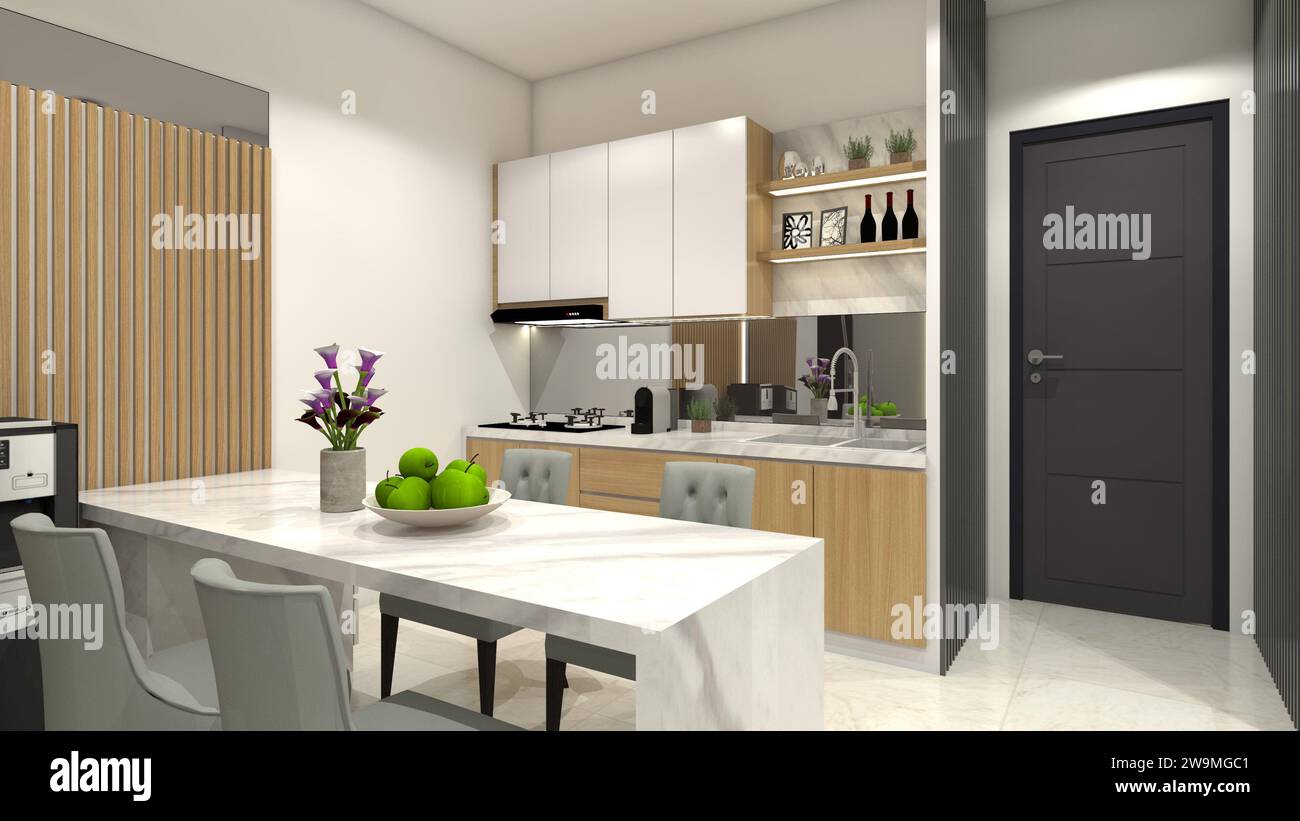 Minimalist Dining Table Integrated into Modern Kitchen Stock Photo - Alamy