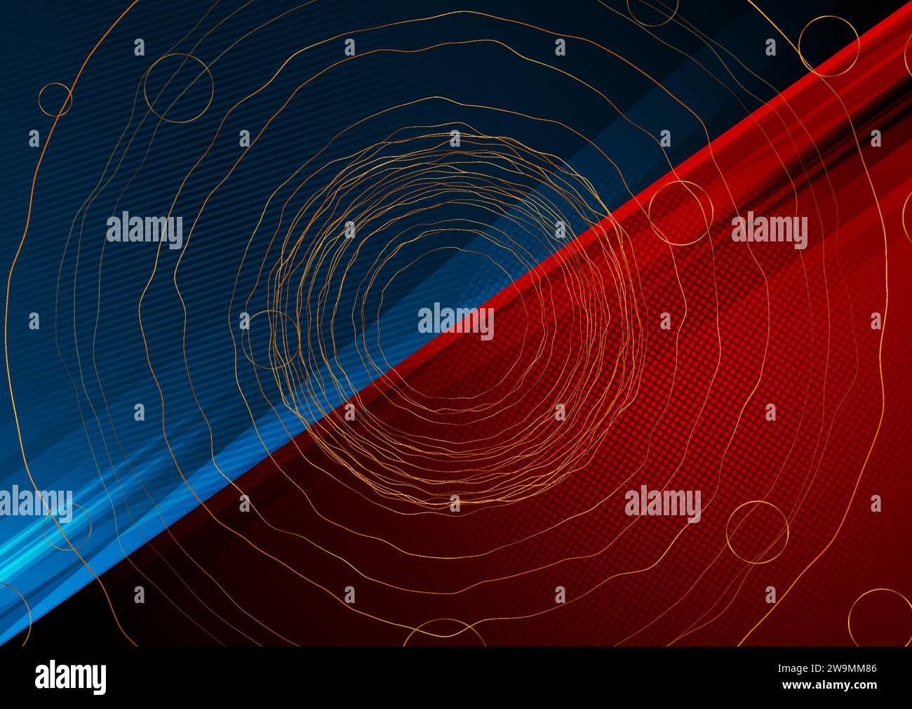 Contrast red and blue background with abstract golden wavy circles ...