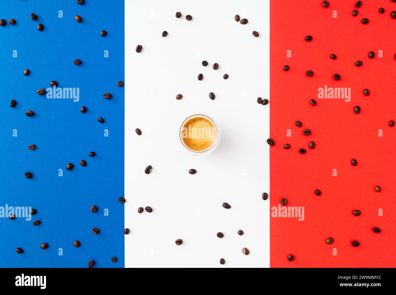 Creative layout made of cup of coffee and coffee beans on flag of ...