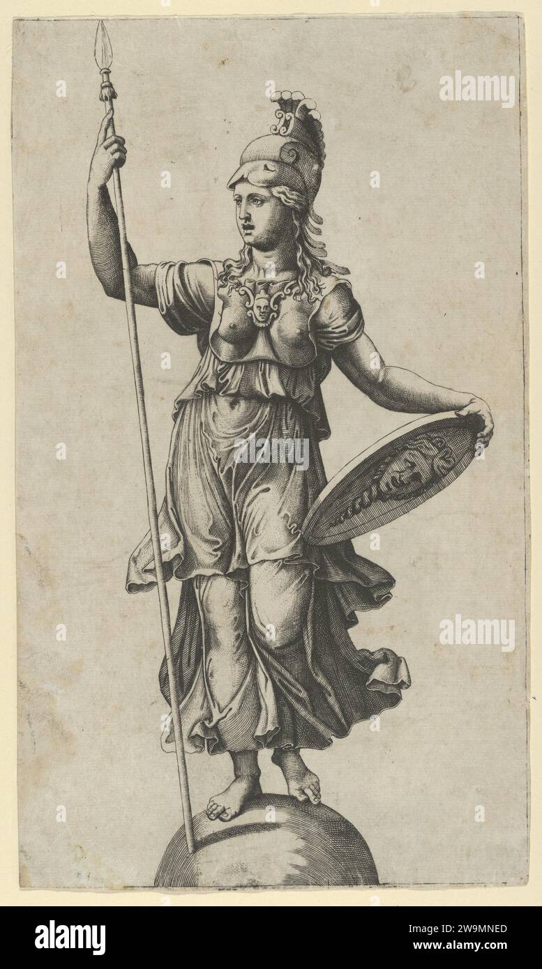 Pallas Athena standing on a globe, a spear in her left hand, a shield ...