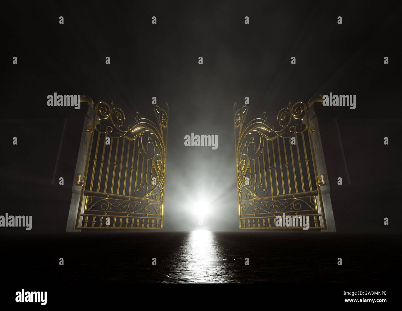 A concept of the open golden gates of heaven backlit from behind by an ...