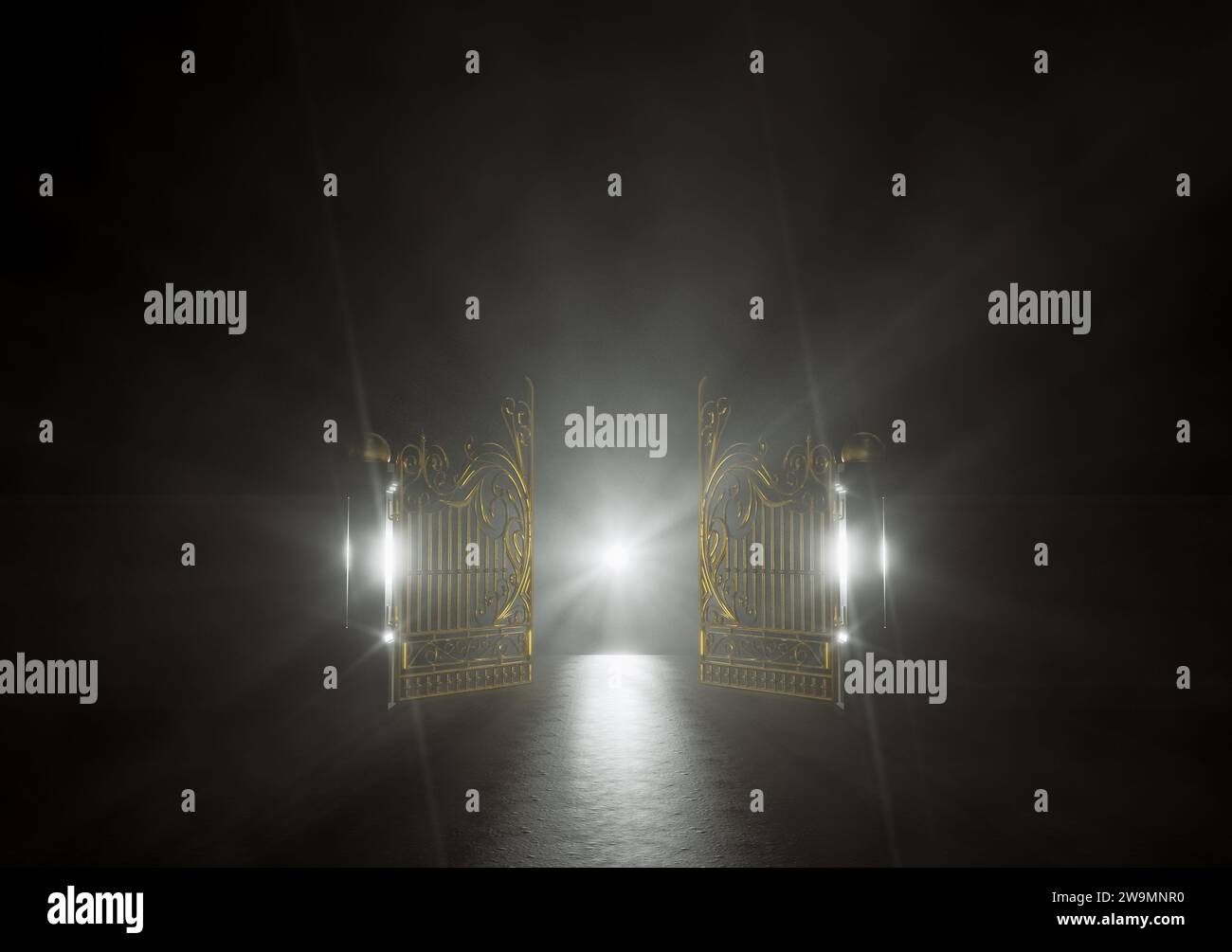 A concept of the open golden gates of heaven backlit from behind by an ...