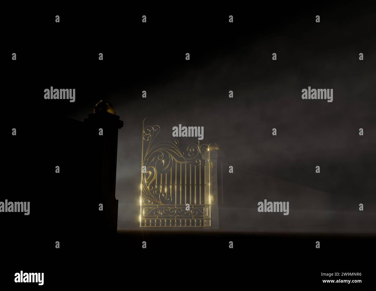 A concept of the open golden gates of heaven backlit from behind by an ...