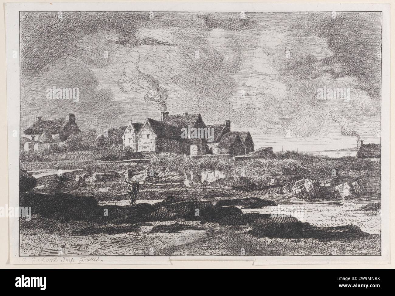 Country landscape with a river running at right and houses in the ...