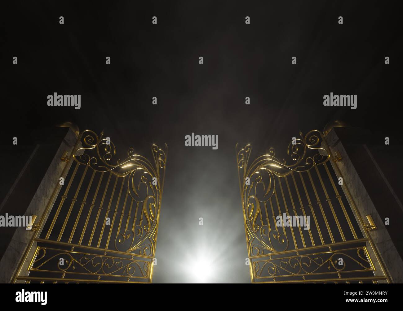 A concept of the open golden gates of heaven backlit from behind by an ...