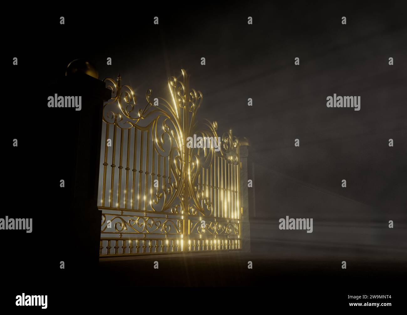 A concept of the closed golden gates of heaven backlit from behind by ...