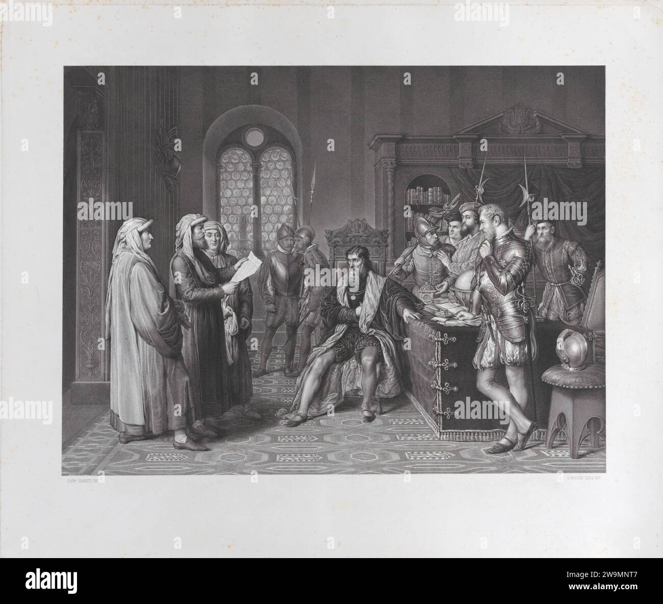 Scene with Columbus (?) at center, soldiers at right, and men in robes ...