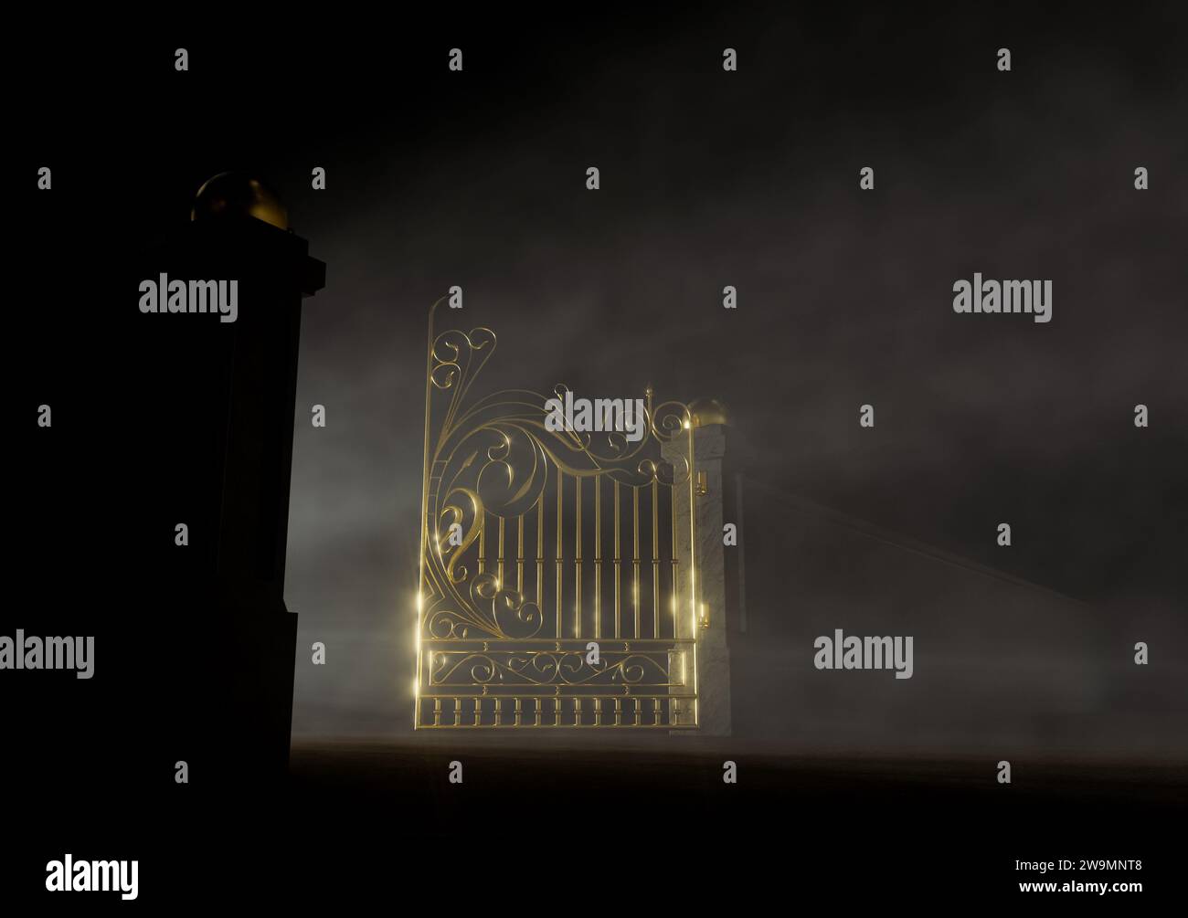 A concept of the open golden gates of heaven backlit from behind by an ...