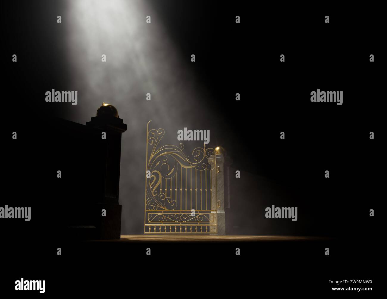 A concept of the open golden gates of heaven spotlit from above by an ...