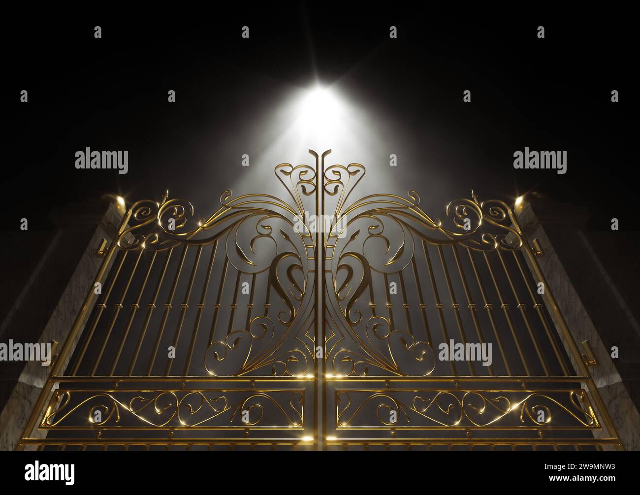 A concept of the closed golden gates of heaven spotlit from above by an ...