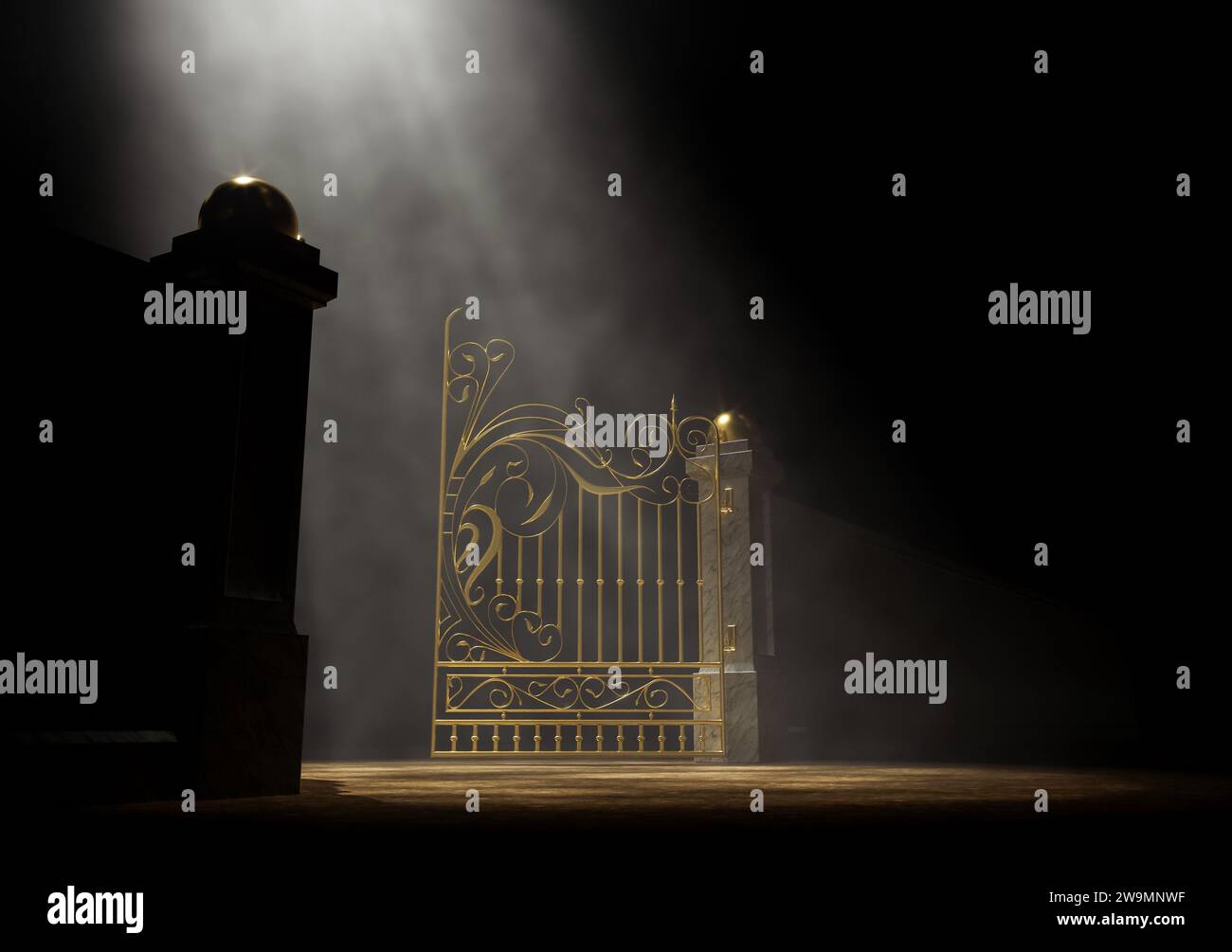 A concept of the open golden gates of heaven spotlit from above by an ...