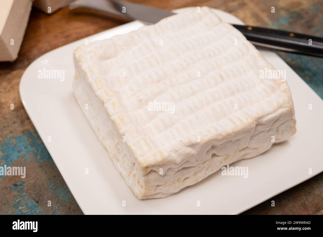 French squared pont l'eveque cow cheese from Calvados department, close ...