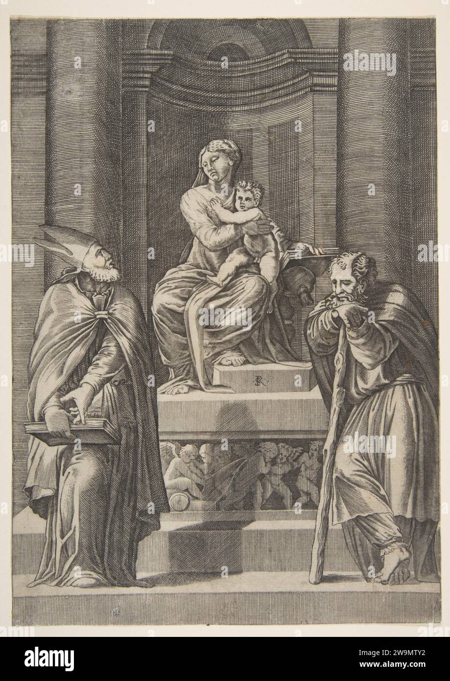 Saint Joseph at left and a bishop at right standing before the altar of ...