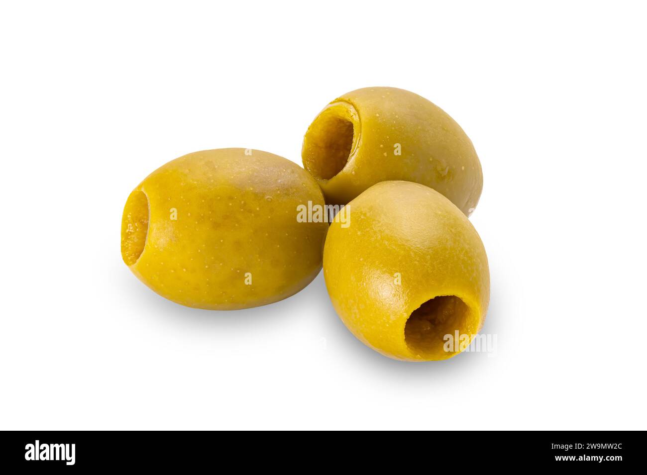 View of ripe pitted preserved olive fruit isolated on white background ...