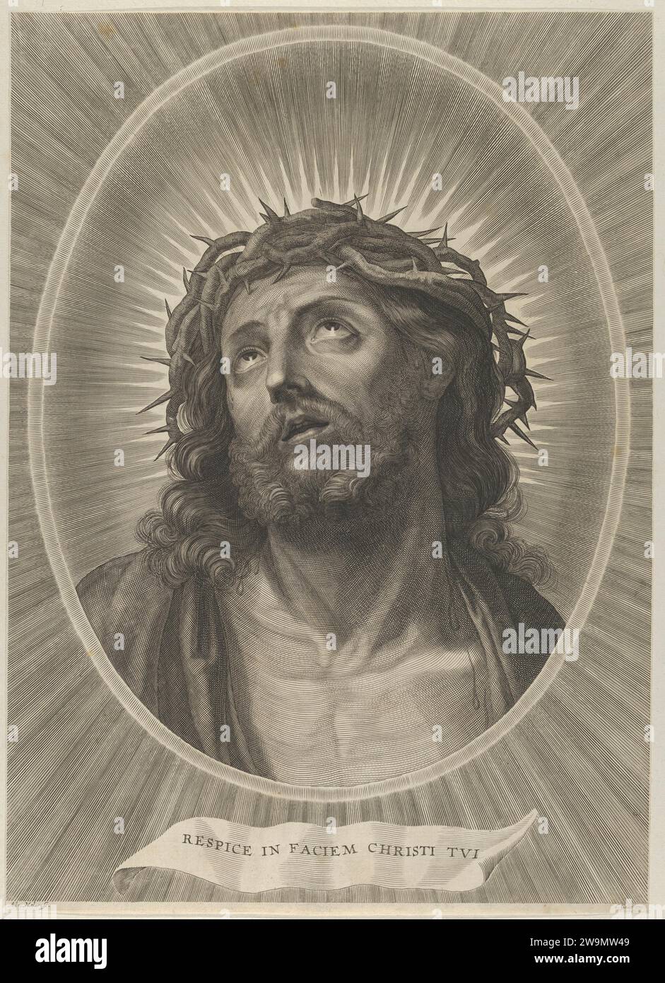 Head of Christ looking up with crown of thorns, in an oval frame, after ...