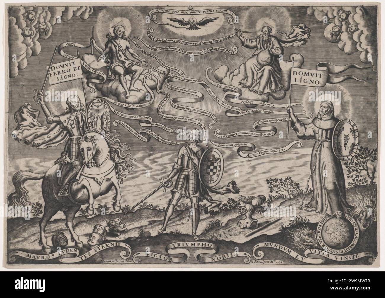 The triumph of faith, a soldier standing in centre holding shield ...