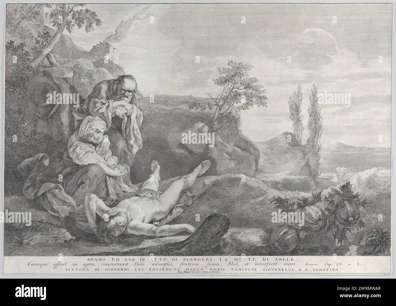 Adam and Eve at left, as an elderly couple, mourning over the corpse of ...