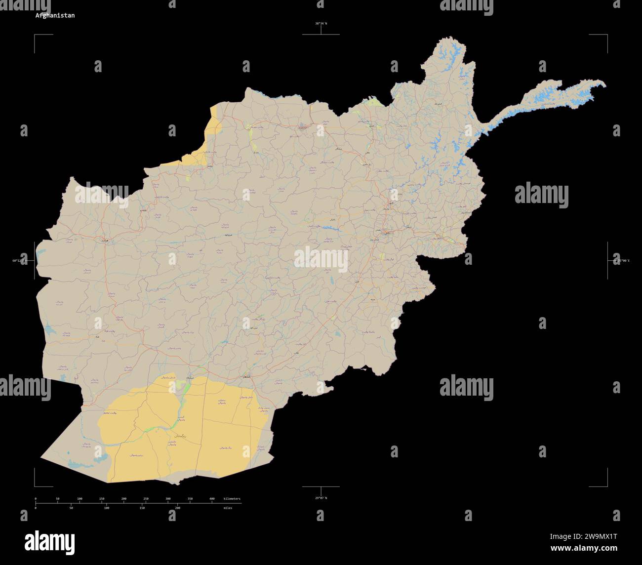 Shape of a topographic, OSM standard style map of the Afghanistan, with ...
