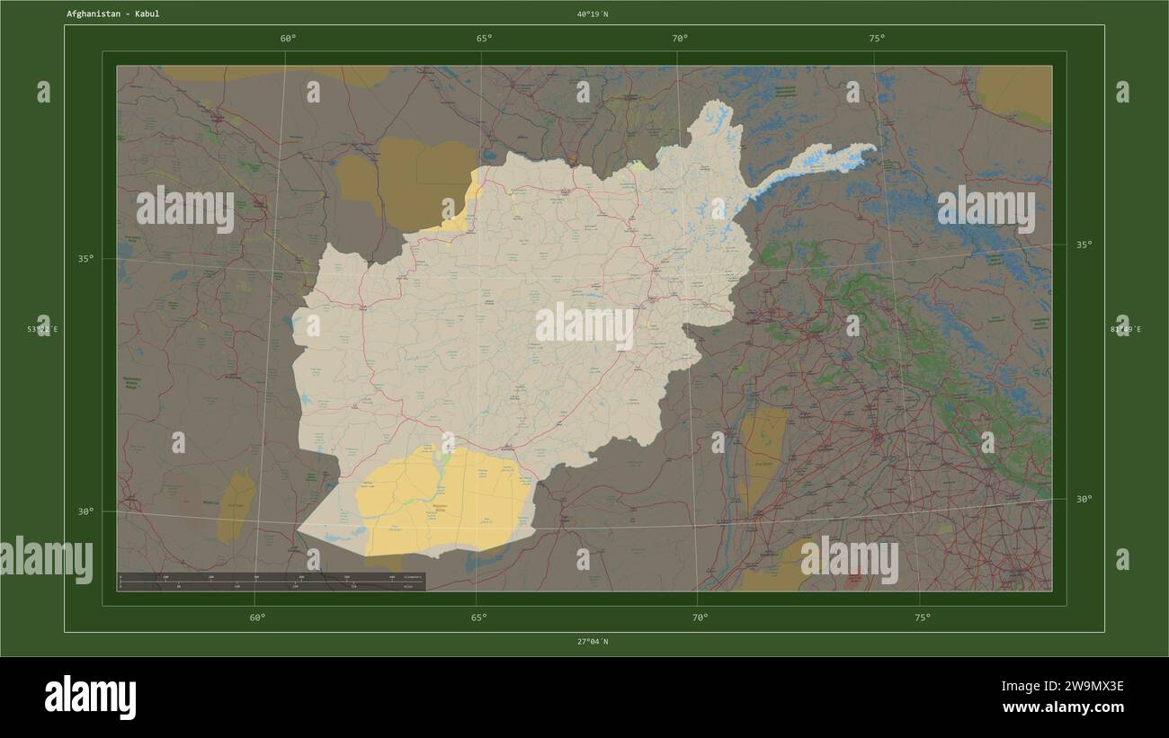 Afghanistan highlighted on a topographic, OSM Germany style map map ...