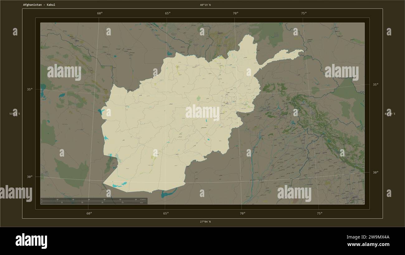 Afghanistan highlighted on a topographic, OSM Humanitarian style map ...