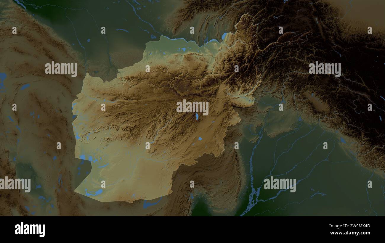Afghanistan highlighted on a Colored elevation map with lakes and ...