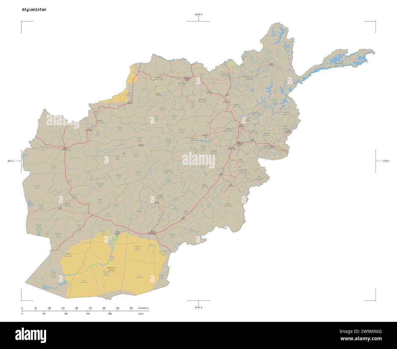 Shape of a topographic, OSM Germany style map of the Afghanistan, with ...
