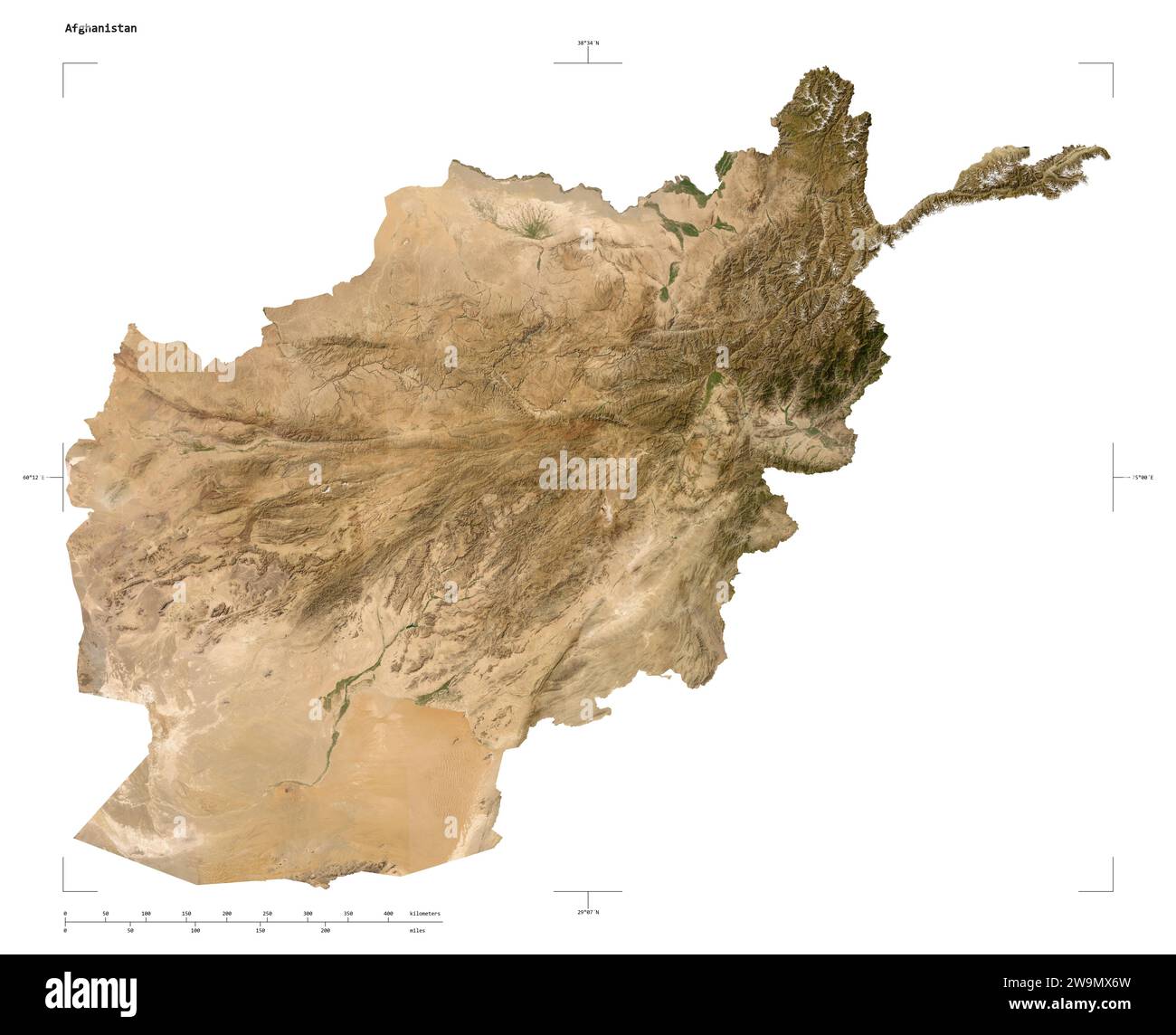 Shape of a low resolution satellite map of the Afghanistan, with distance scale and map border ...