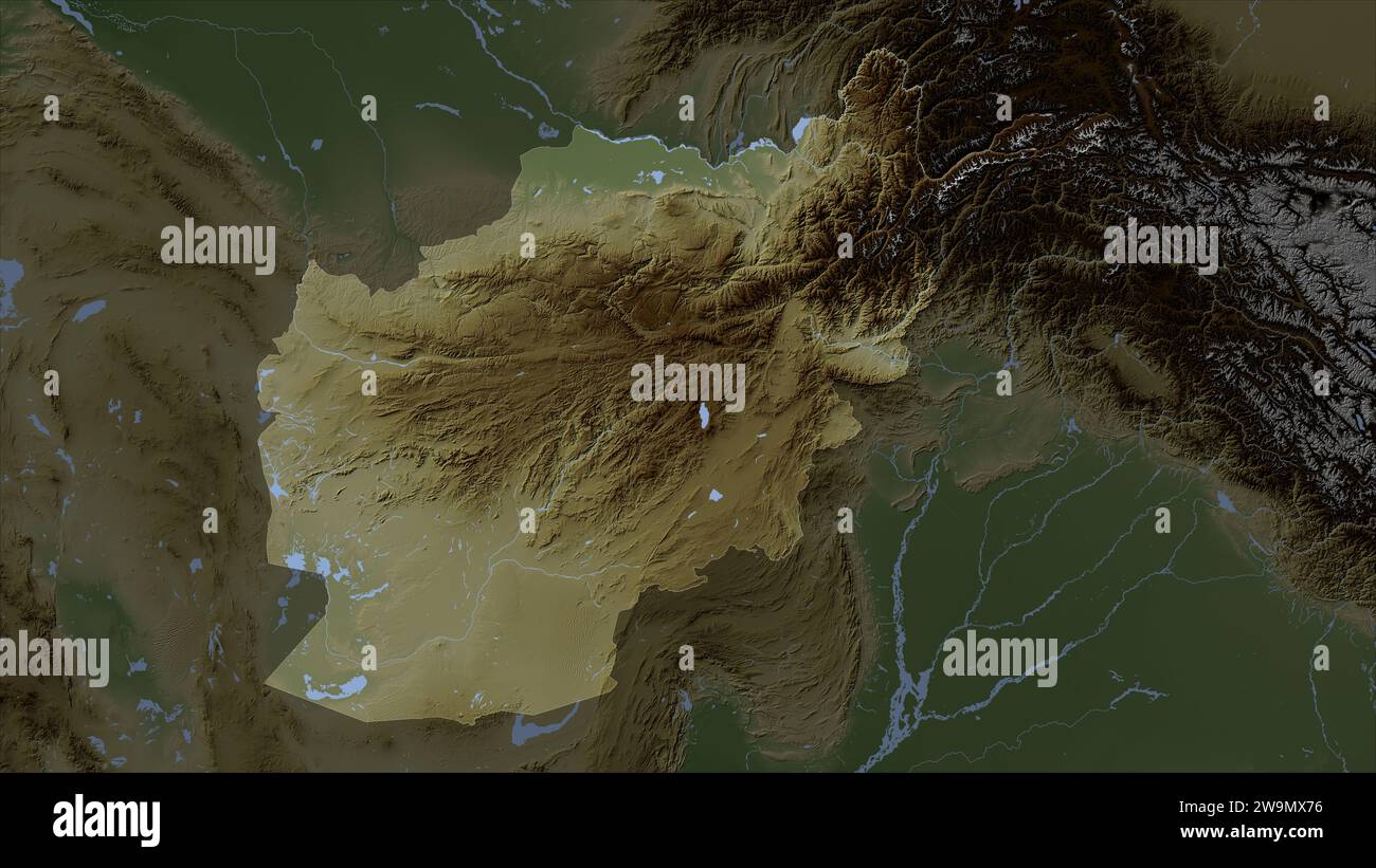 Afghanistan highlighted on a Pale colored elevation map with lakes and ...