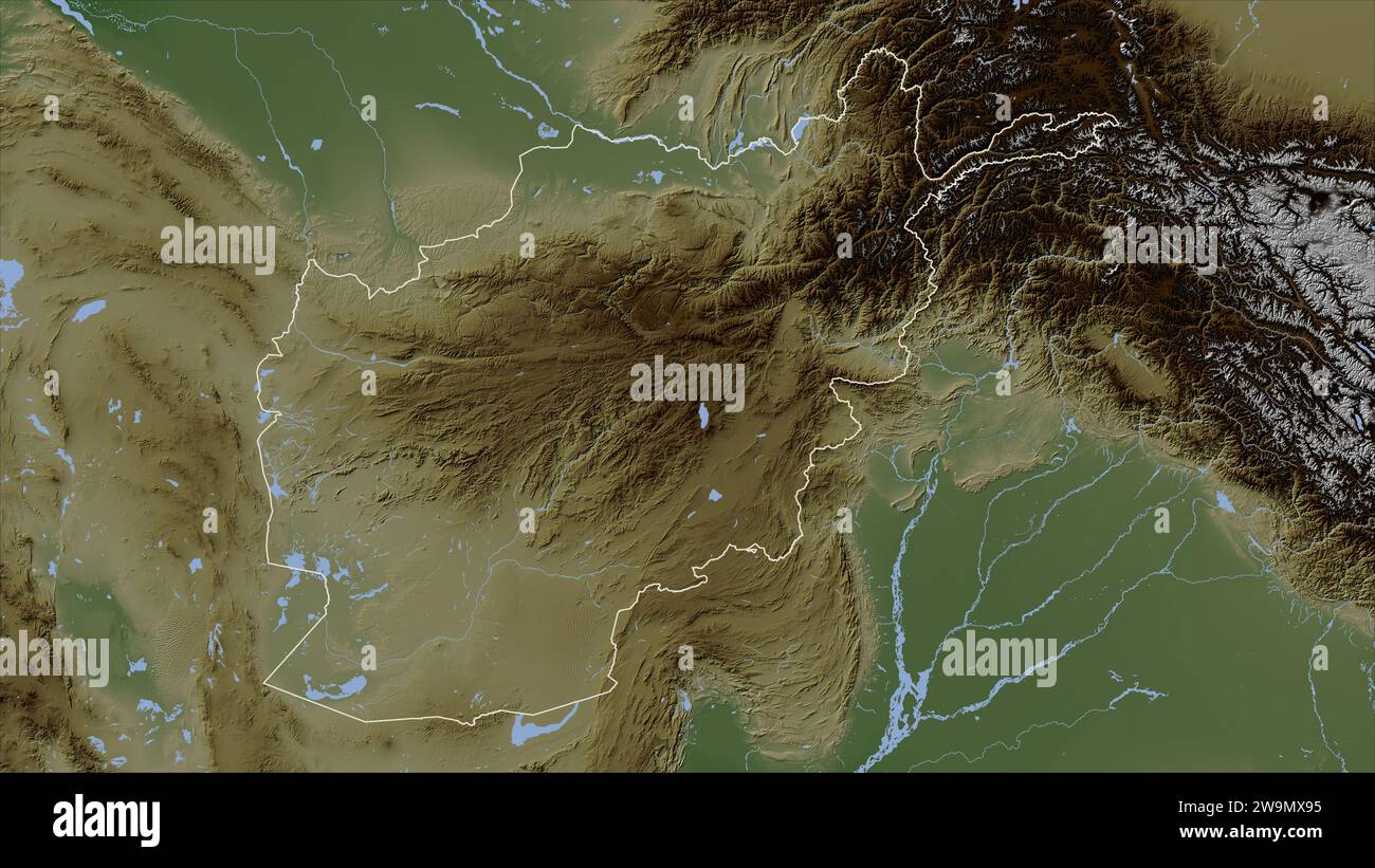 Afghanistan outlined on a Pale colored elevation map with lakes and ...