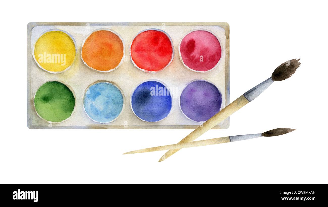 Watercolor hand drawn illustration, kids children painting materials ...