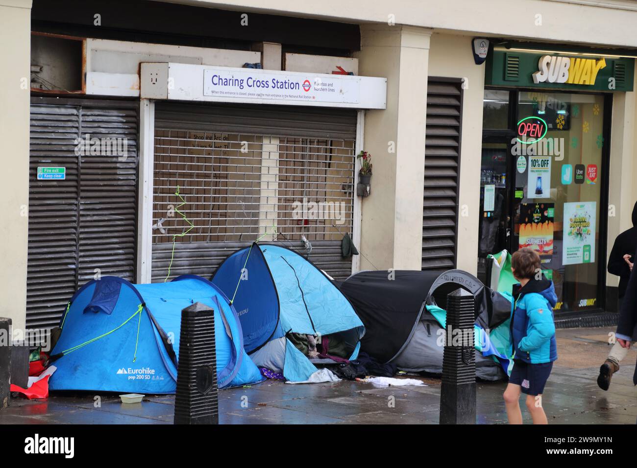 Homeless people set up tents at Charing Cross Station during the ...