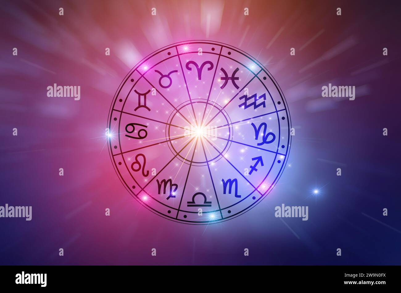 Zodiac signs inside of horoscope circle. Astrology in the sky with many ...