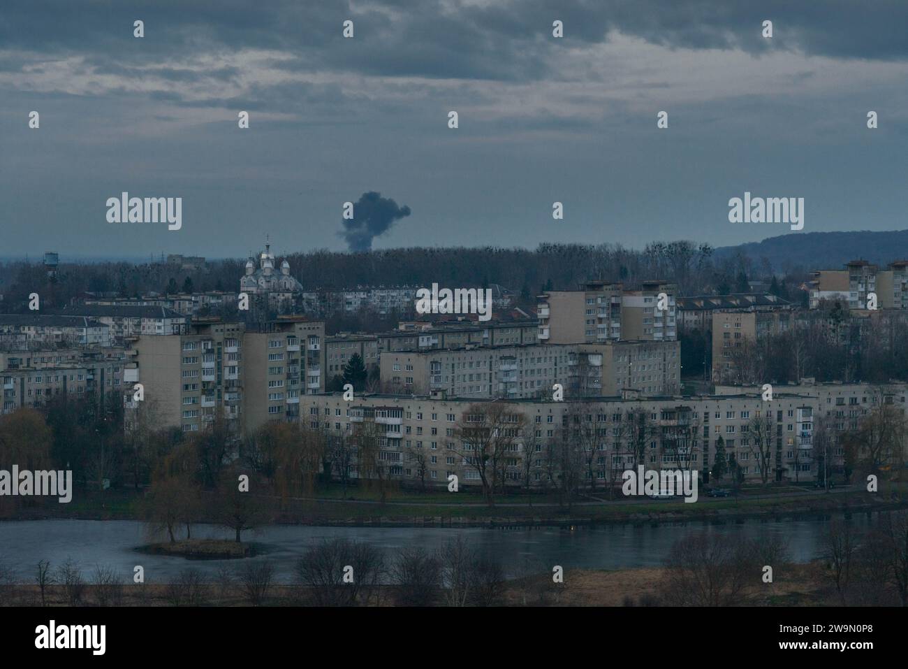 Novyi Rozdil, Lviv, Ukraine. 29th Dec, 2023. The smoke rises from the ...