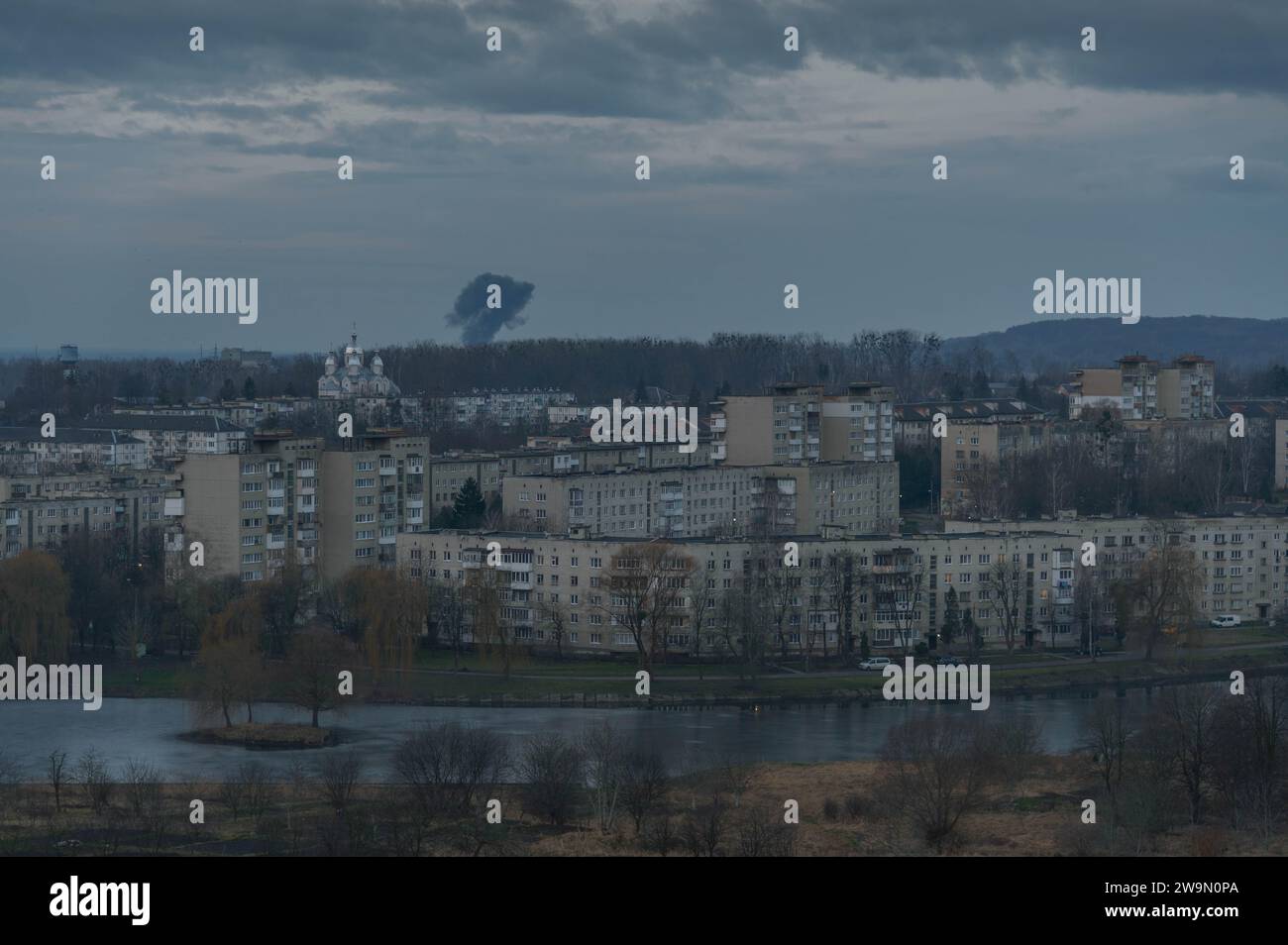 Novyi Rozdil, Lviv, Ukraine. 29th Dec, 2023. The smoke rises from the ...