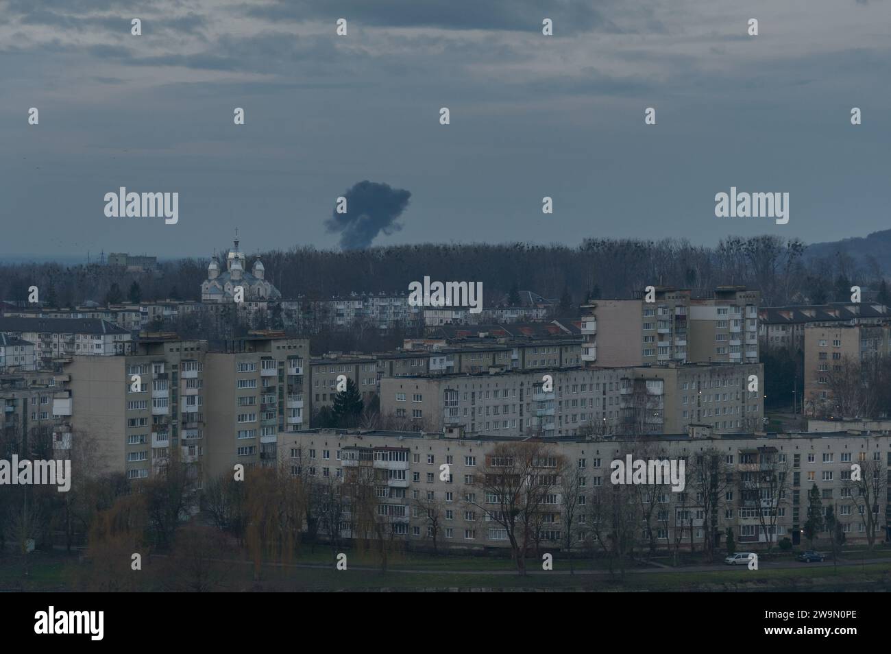 Novyi Rozdil, Lviv, Ukraine. 29th Dec, 2023. The smoke rises from the ...
