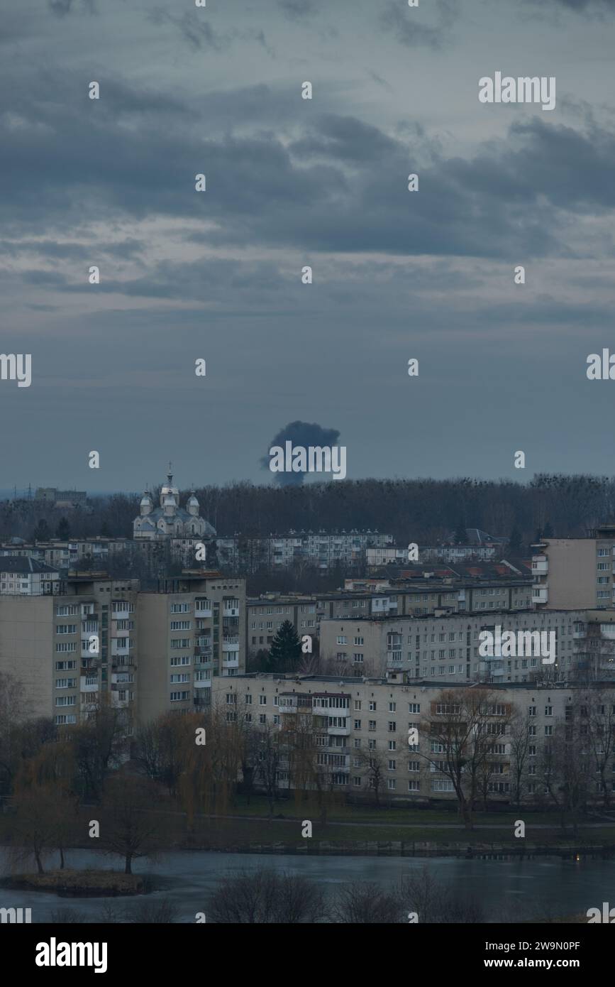 Novyi Rozdil, Lviv, Ukraine. 29th Dec, 2023. The smoke rises from the ...