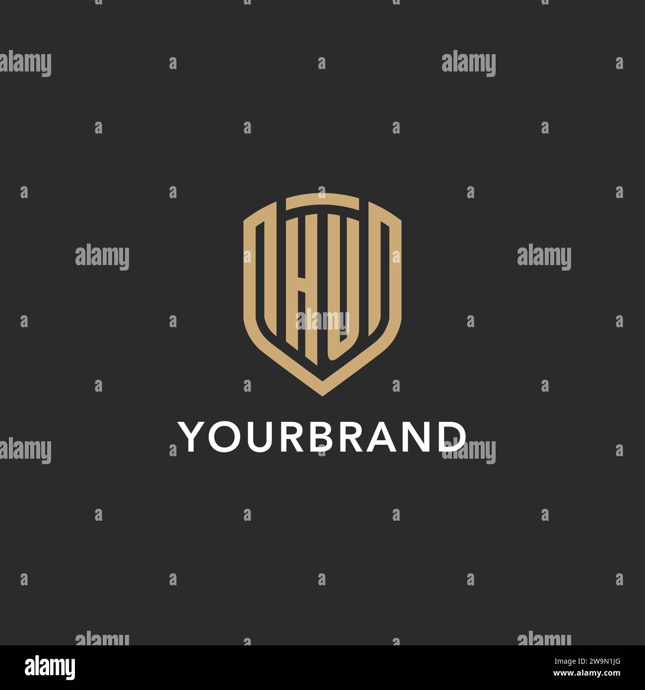 Luxury HU logo monogram shield shape monoline style with gold color and dark background vector ...