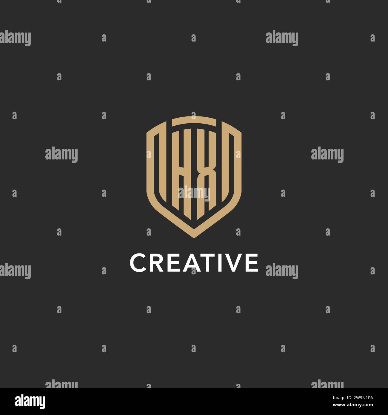 Luxury HX logo monogram shield shape monoline style with gold color and dark background vector ...