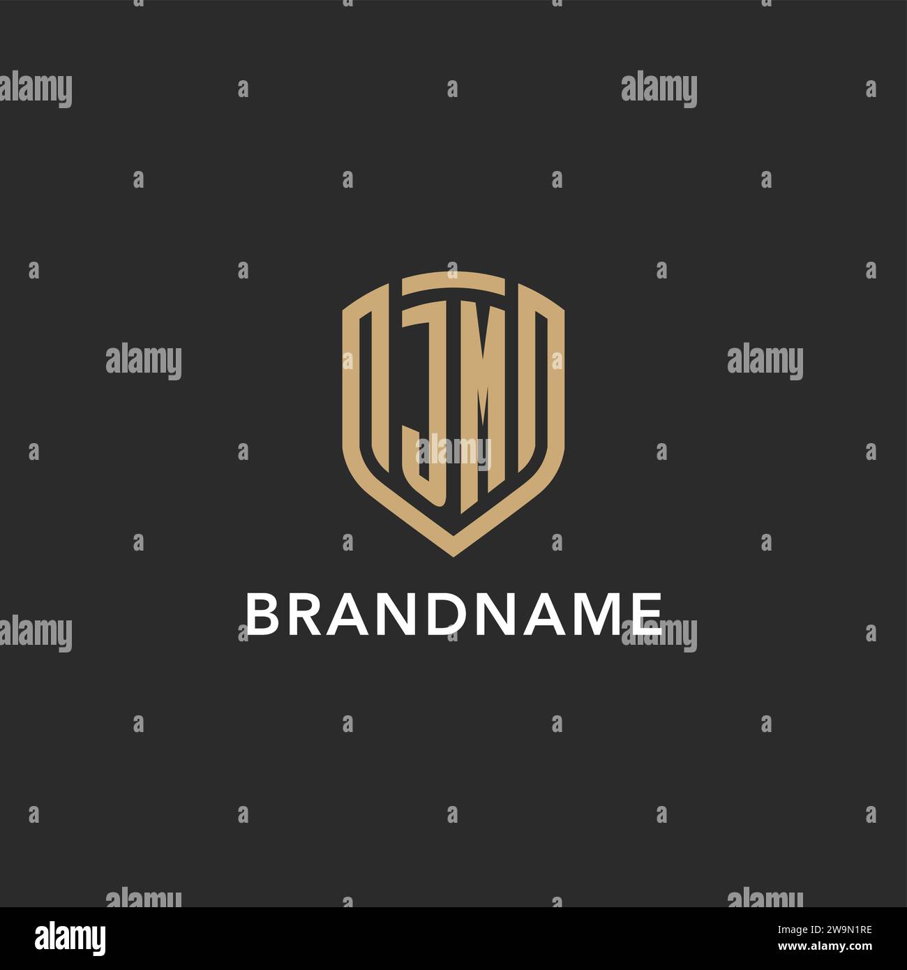 Luxury JM logo monogram shield shape monoline style with gold color and dark background vector ...
