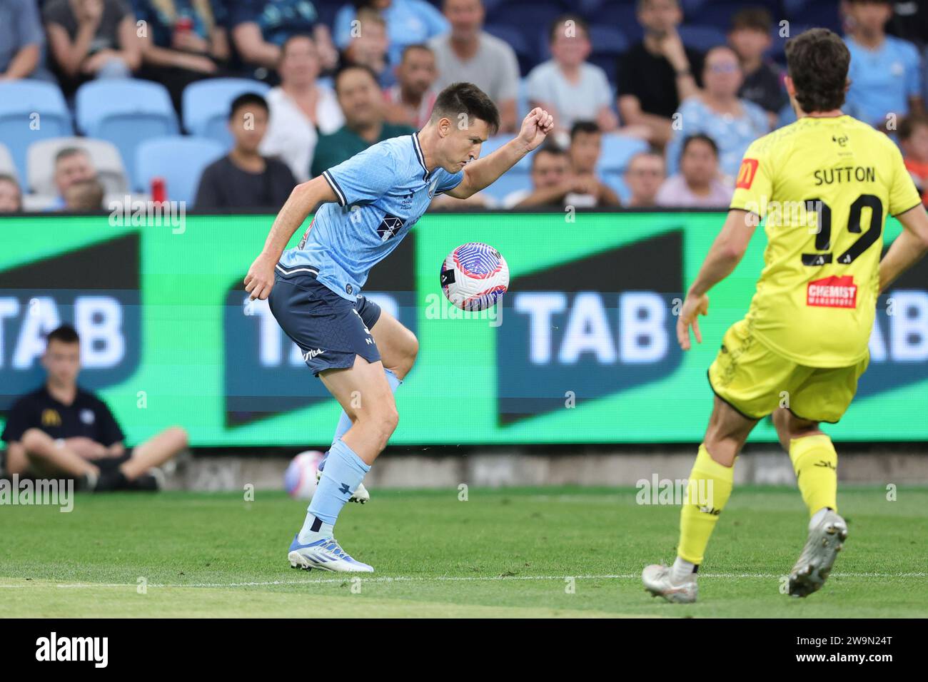 Sydney, Australia. 29th Dec, 2023. Joe Lolley of Sydney FC controls the ...
