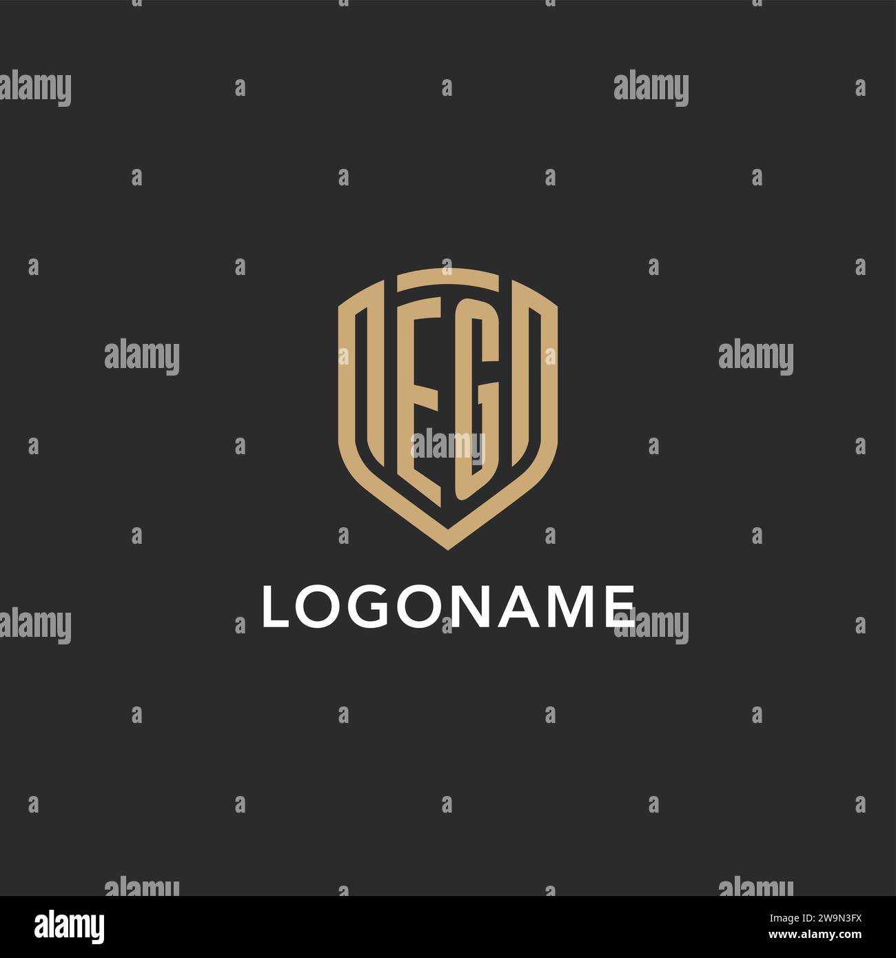 Luxury EG logo monogram shield shape monoline style with gold color and dark background vector ...